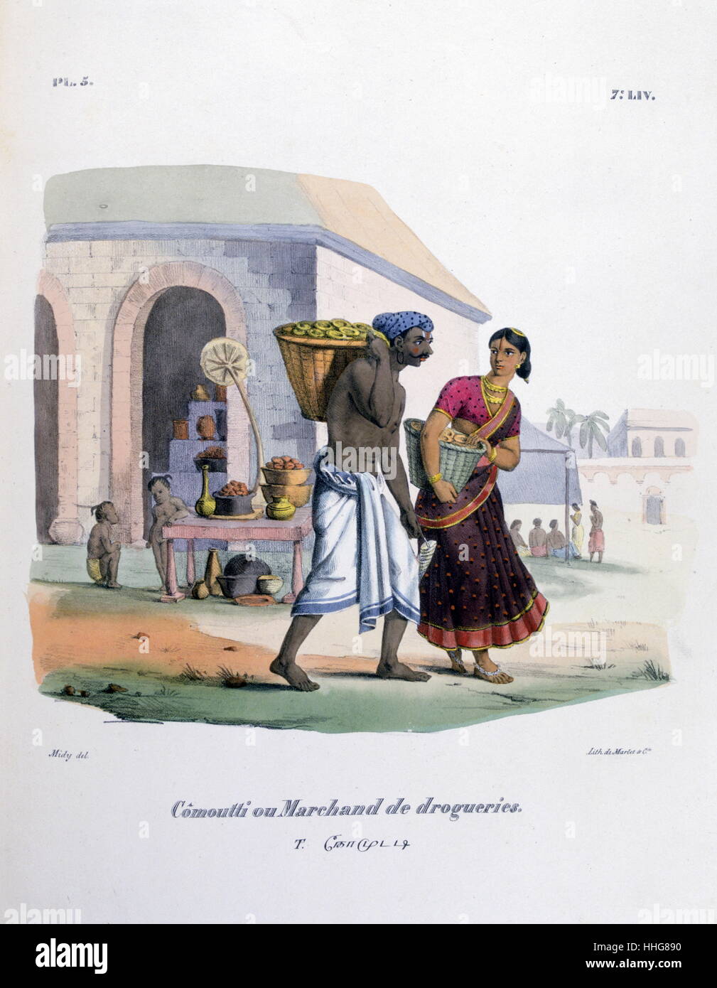 French lithograph of a high caste woman with a medicine merchant from ...