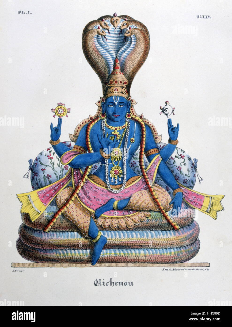 French lithograph of Vishnu, a major male deity in Hinduism. By Marlet ...