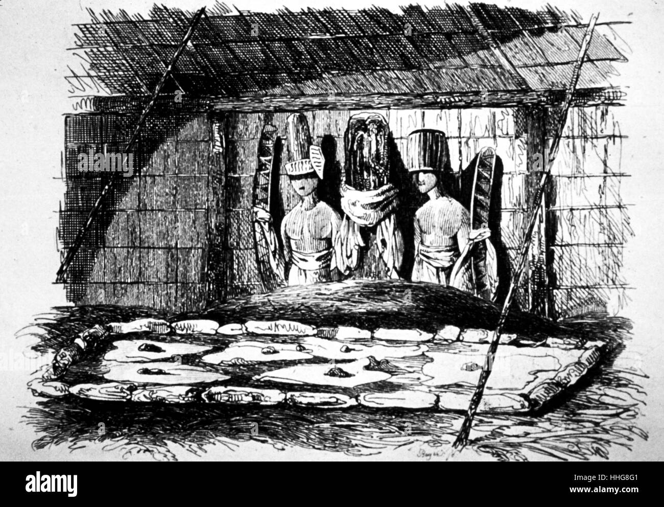 Interior of a Hawaiian native funerary hut during a burial ceremony; By ...