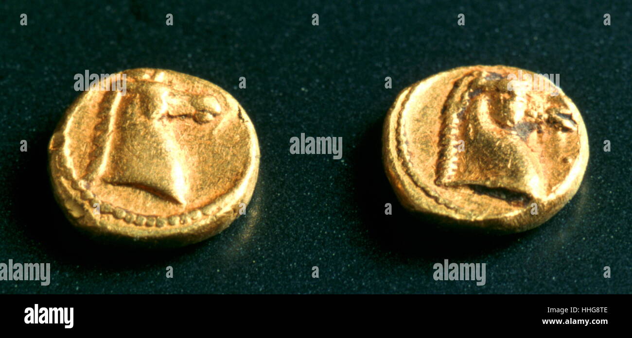 Two gold Punic coins, from the Punic city of Kerkouane, in the north ...