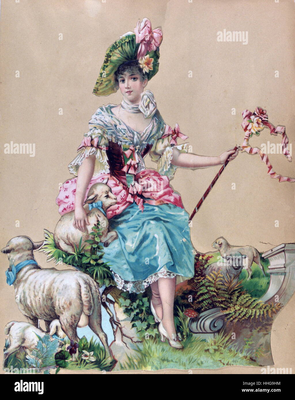 Shepherdess sitting watching sheep. 19th century French illustration ...