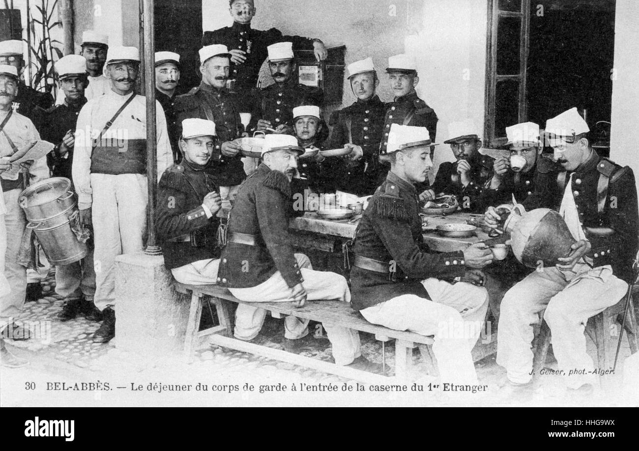 French Foreign Legion, soldiers eating in the open air at a caserne, or ...