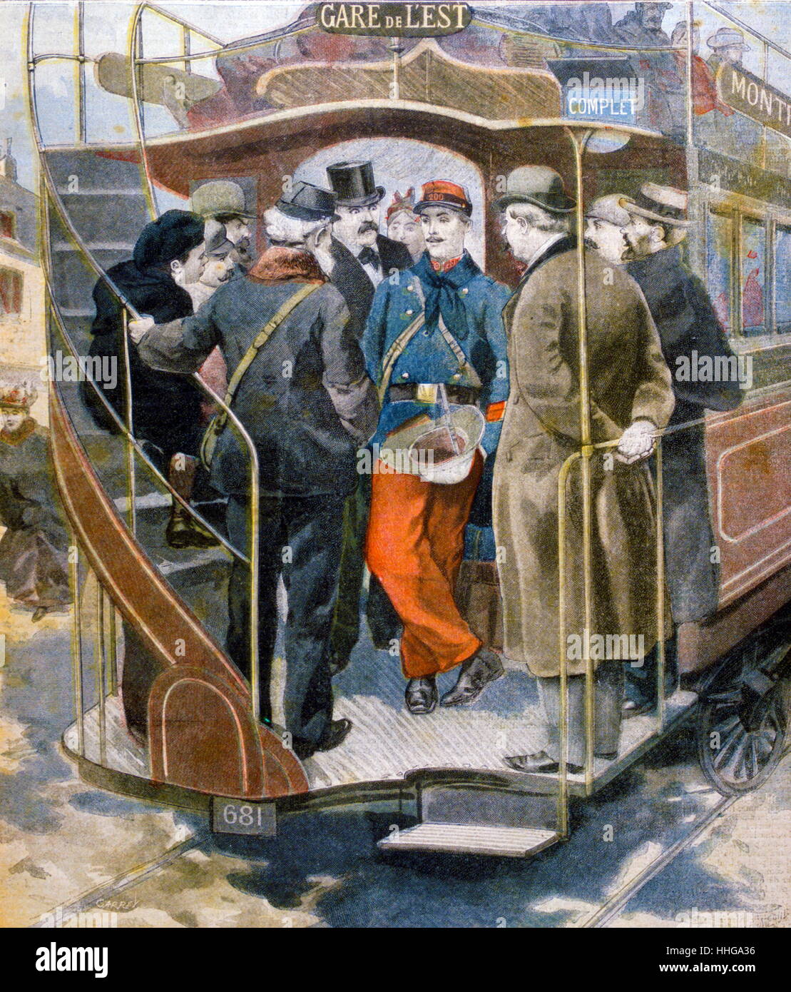 French illustration of a tram conductor in conversation with passengers ...