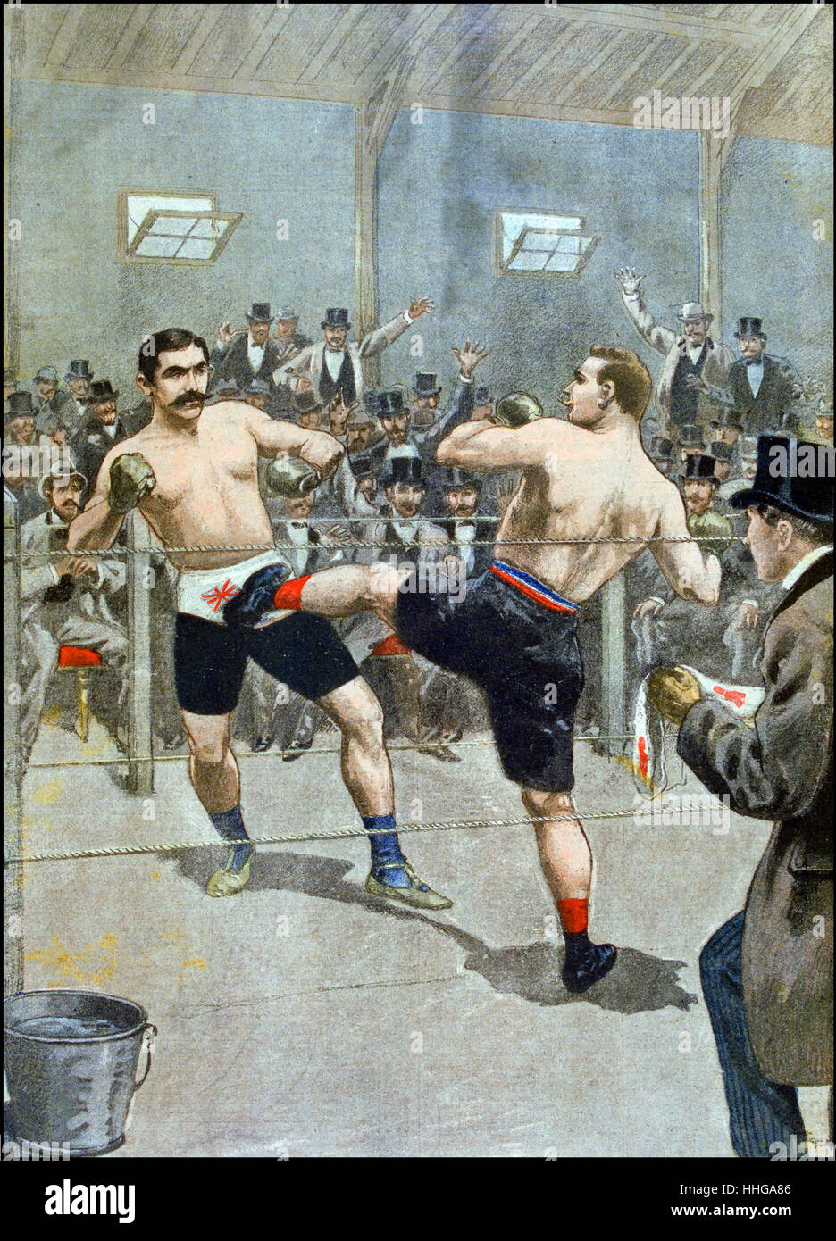 Illustration of two boxers fighting in a ring. French, 193 Stock Photo ...