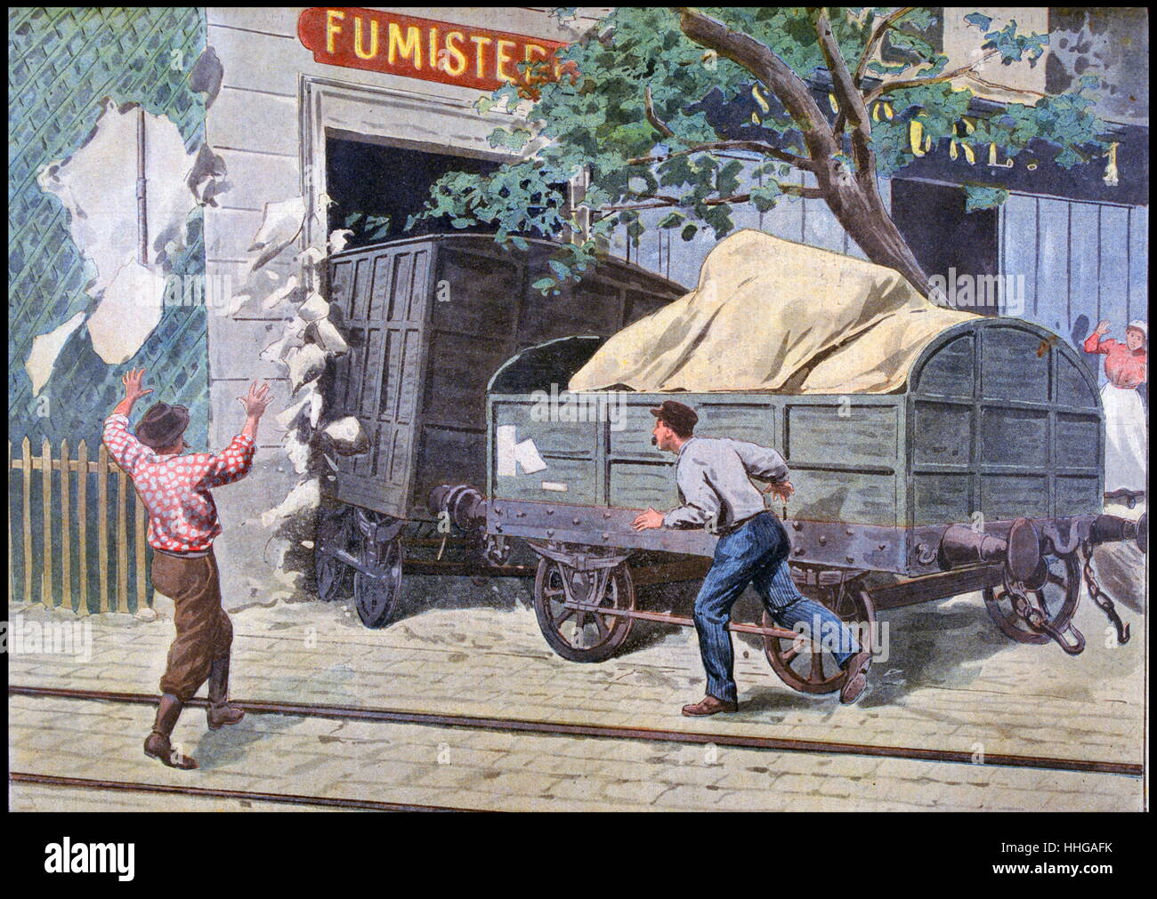 Illustration showing a derailed train crashing in to a building, Paris ...