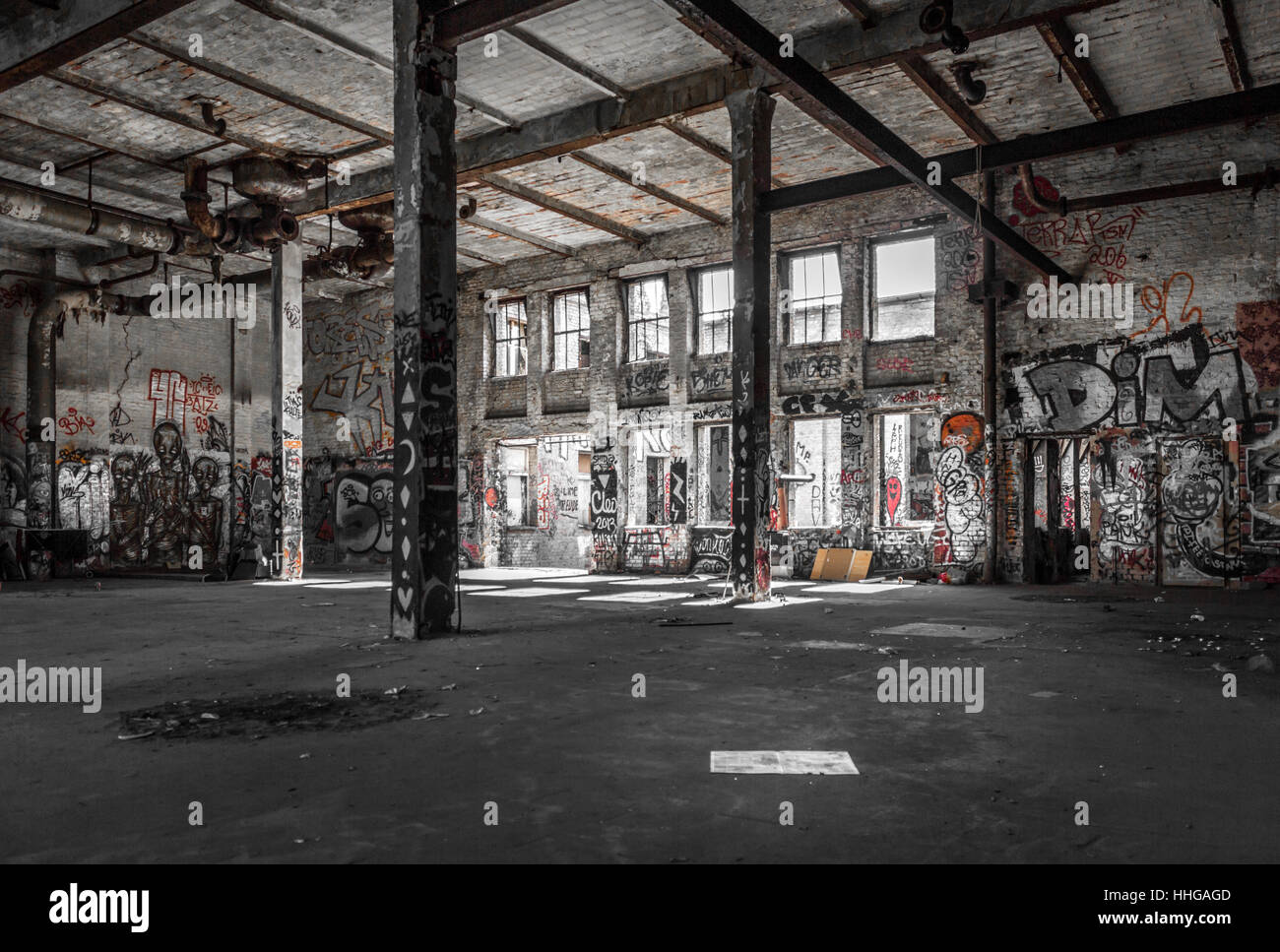 run down loft room in abandoned warehouse / factory Stock Photo - Alamy