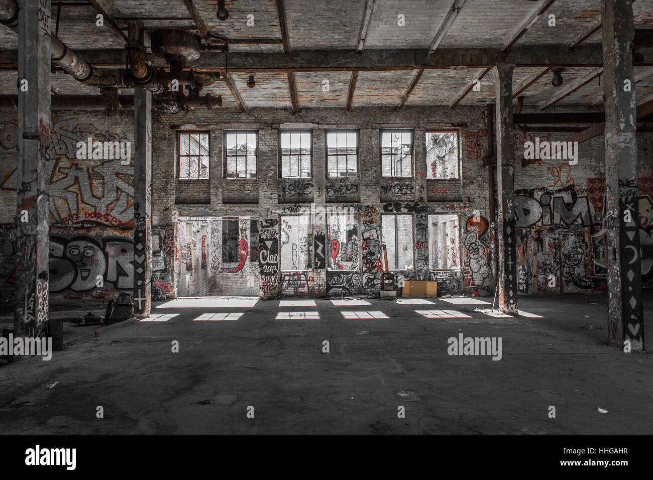 run down loft room in abandoned warehouse / factory Stock Photo - Alamy