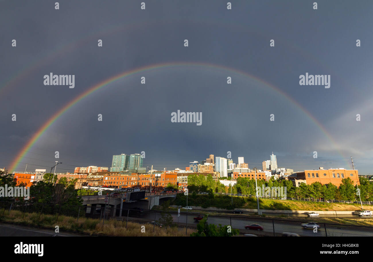 Double rainbow above the downtown skyline after a storm in Denver ...