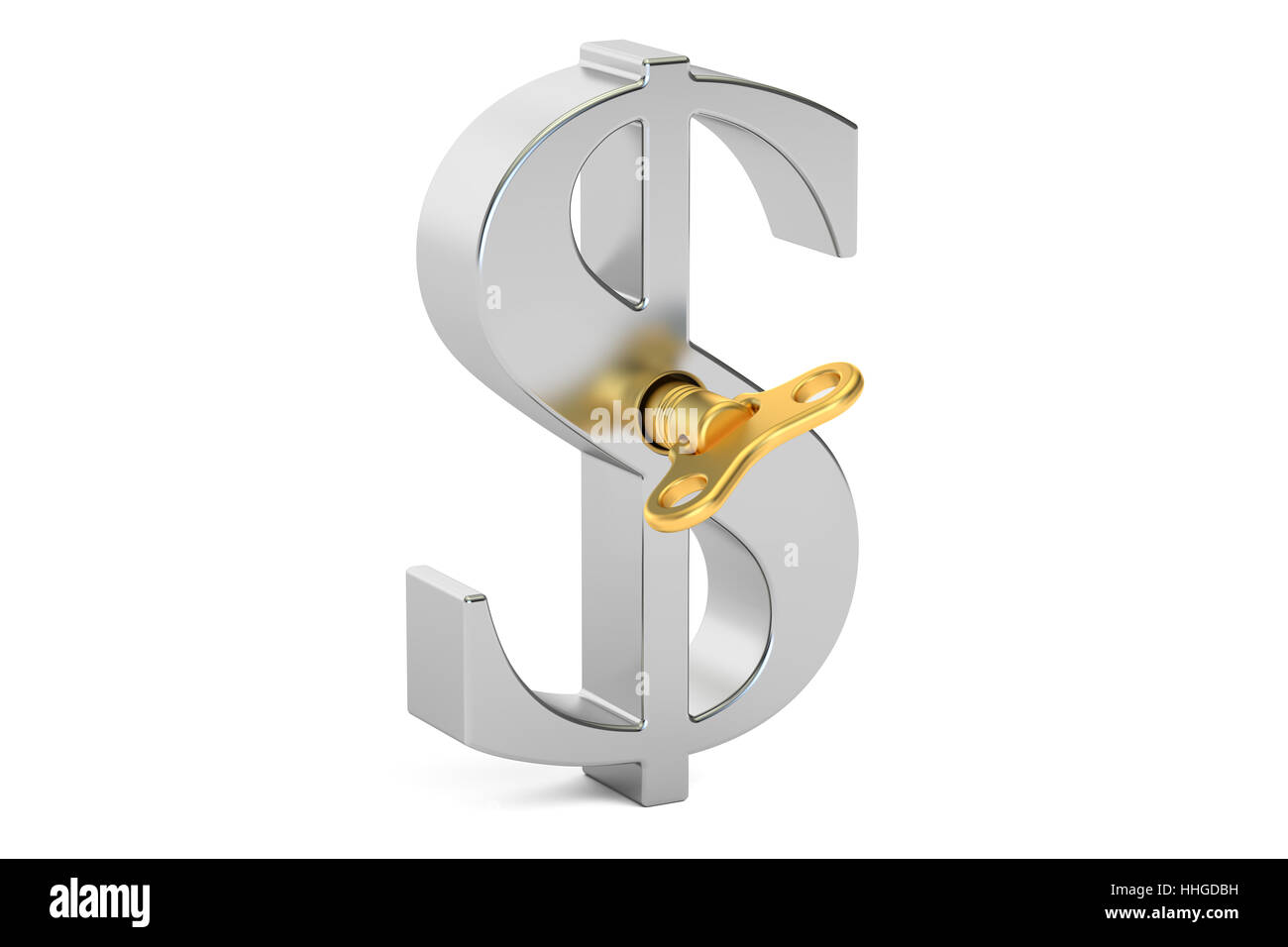 Steel Dollar symbol with wind-up key, 3D rendering isolated on white ...