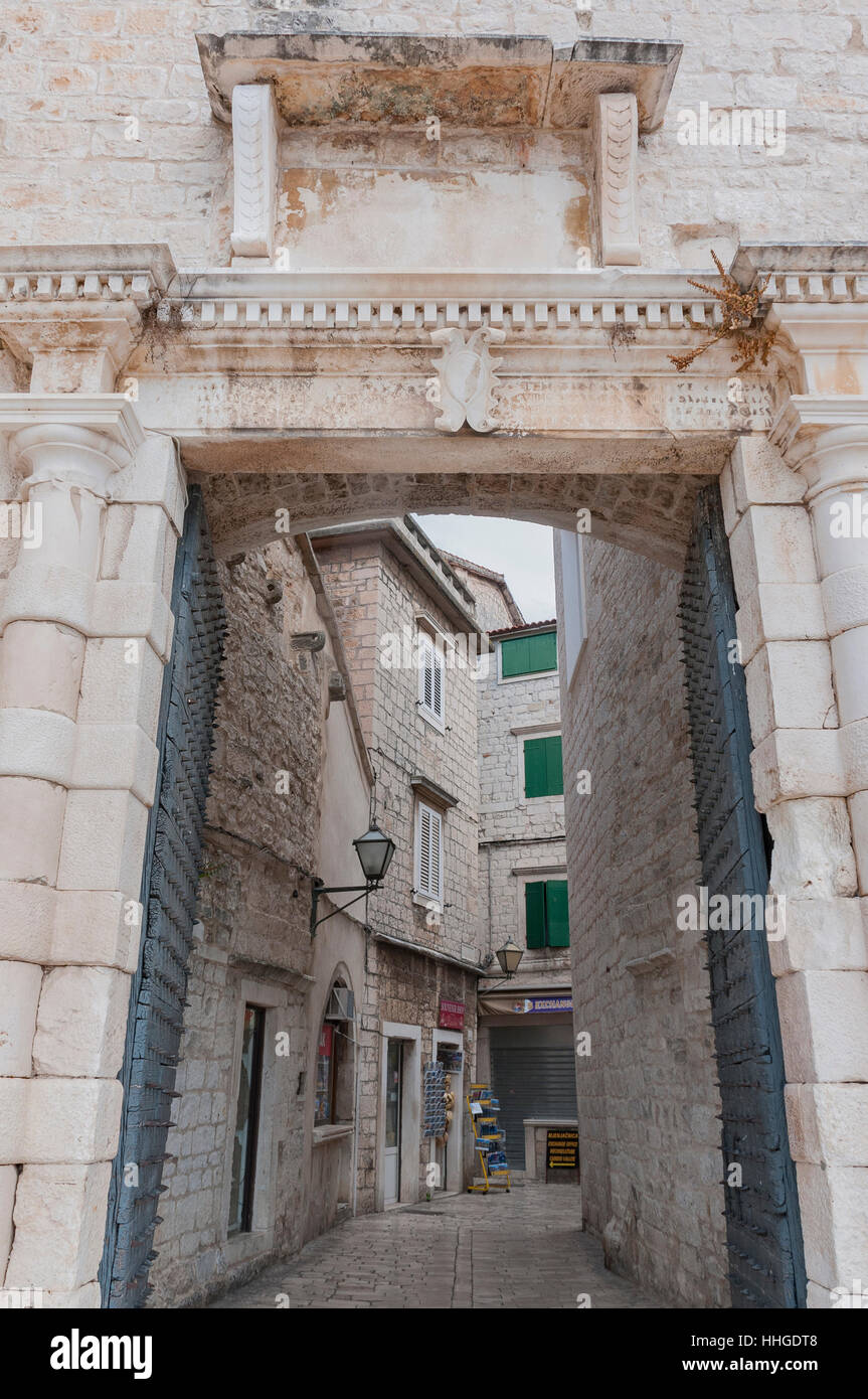 City gate leading into Old Town Trogir. A UNESCO World Heritage Center ...