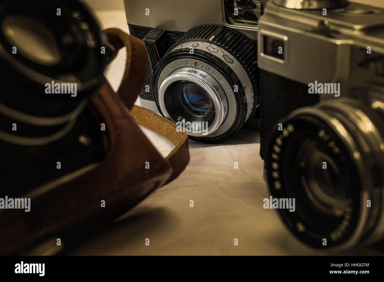 Old Russian classic analog film cameras with manual controls on dirty ...