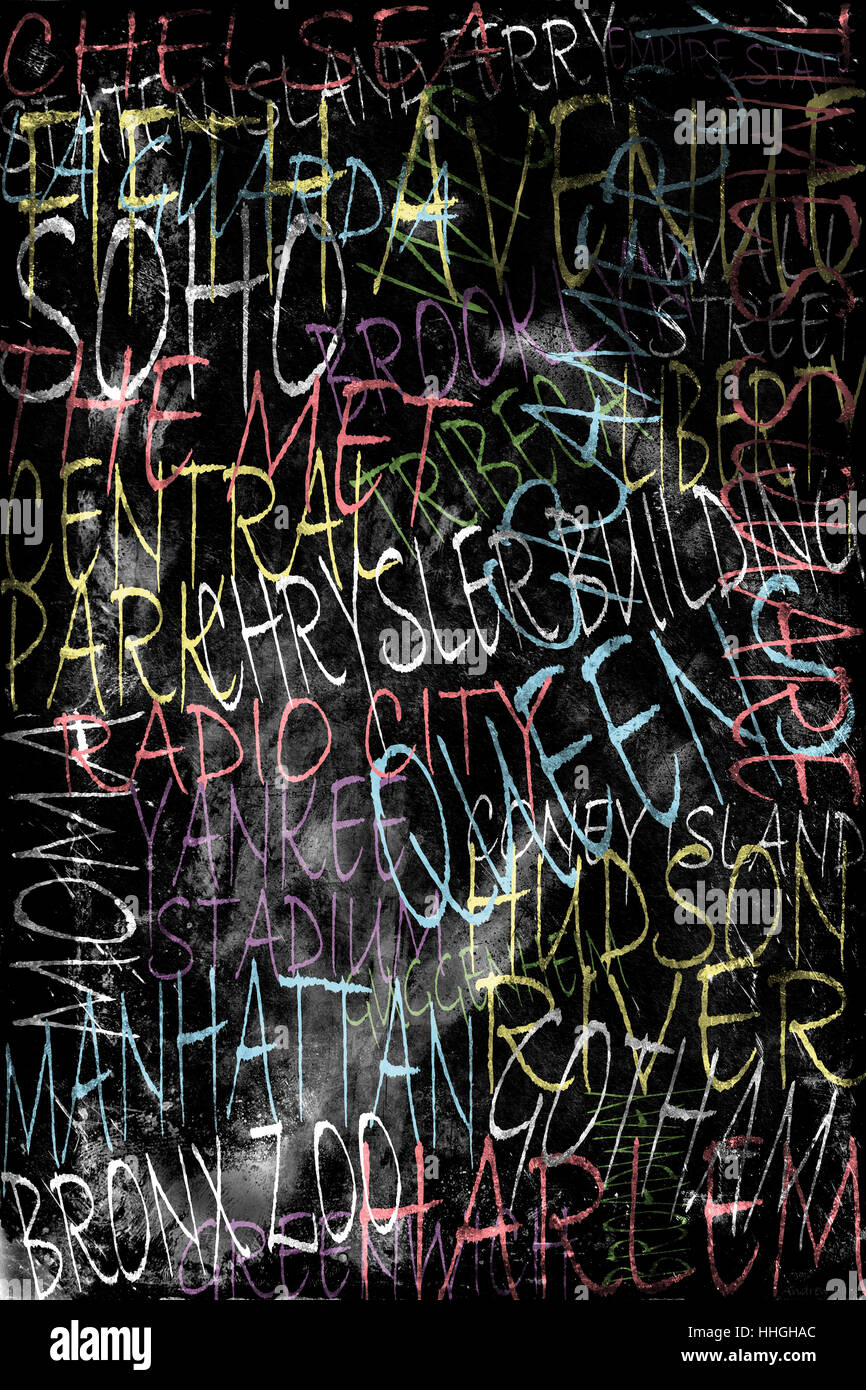 Chalkboard grunge style typography of New York landmarks and ...