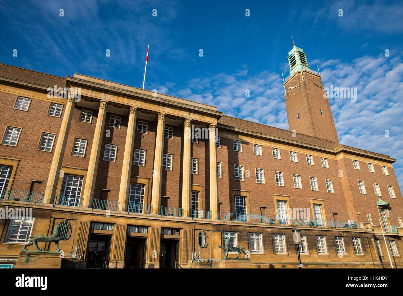 A view of the art deco architecture of Norwich City Hall in the ...