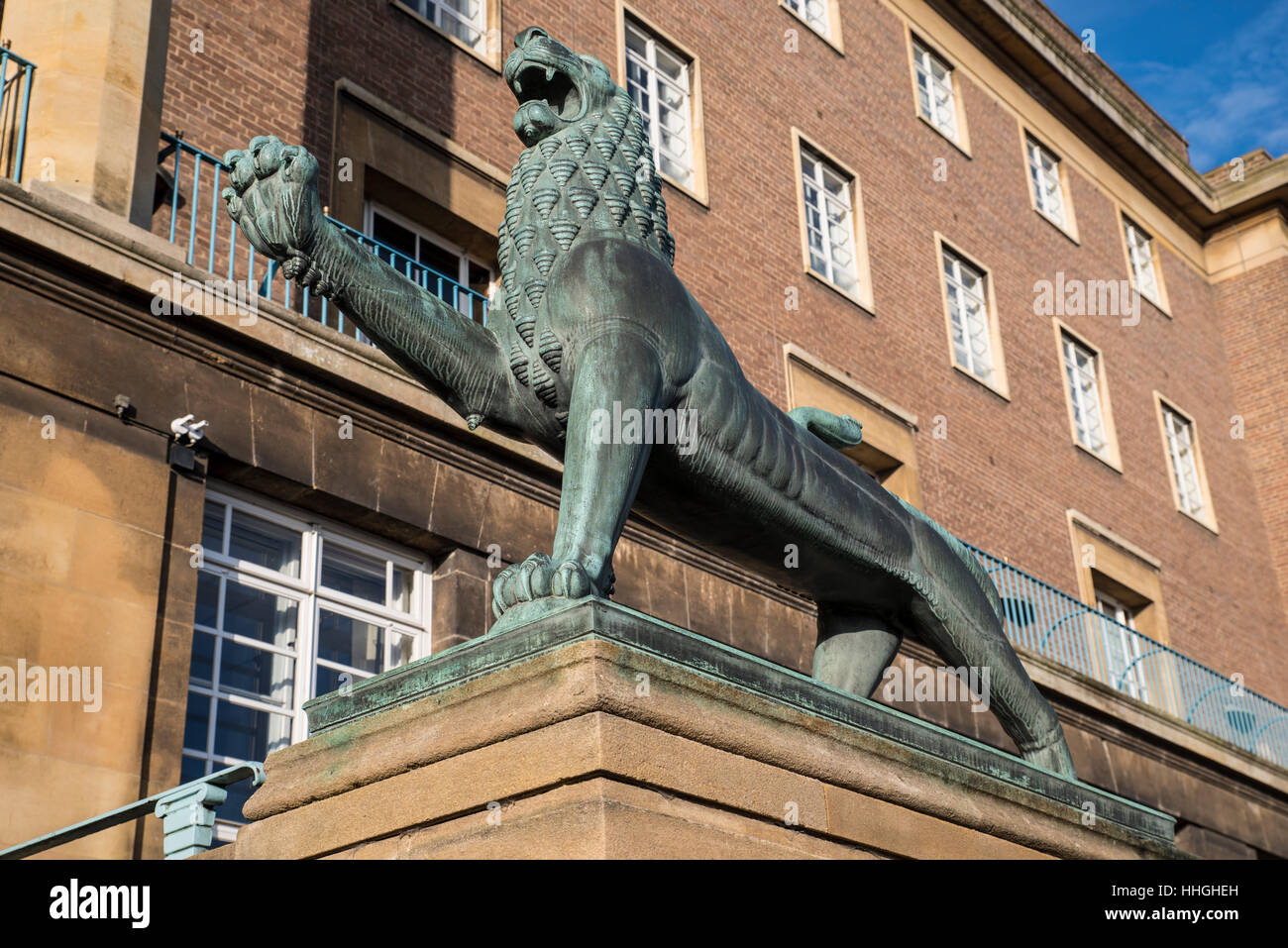 A heraldic lion outside the entrance to Norwich City Hall in the ...
