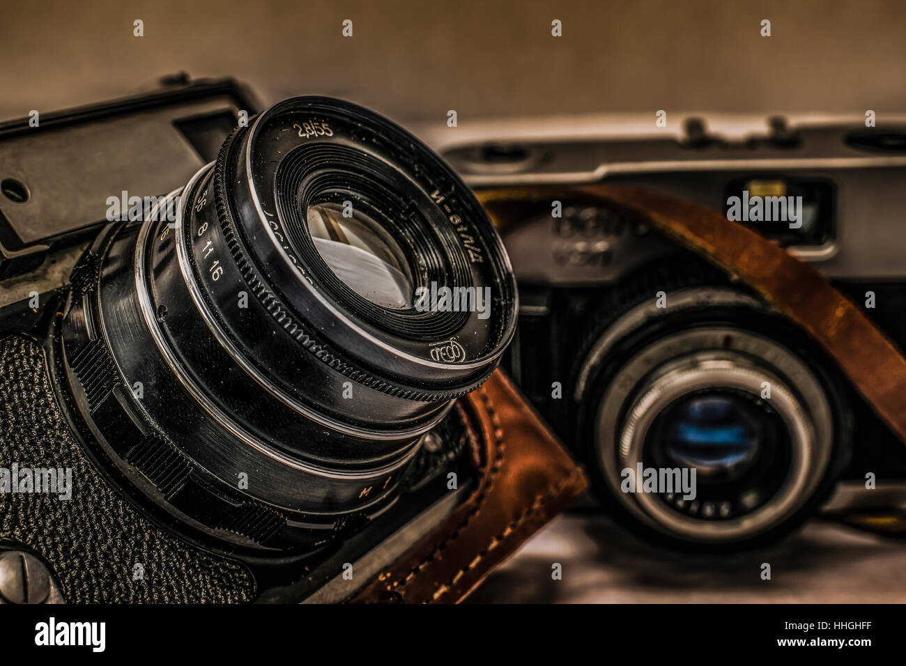 Old Russian classic analog film cameras with manual controls on dirty ...