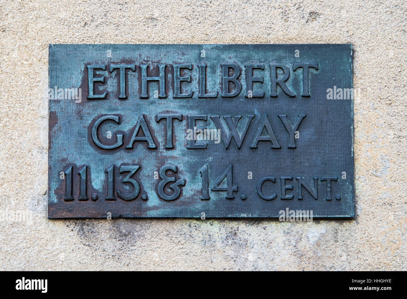 A plaque on the Ethelbert Gateway in the historic city of Norwich, UK ...