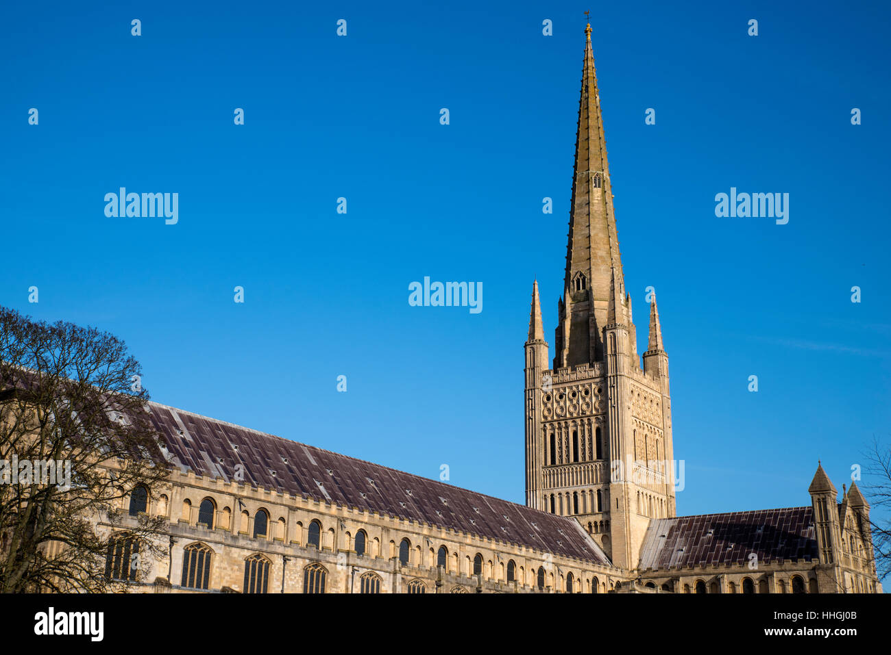 A view of the magnificent Norwich Cathedral in the historic city of ...