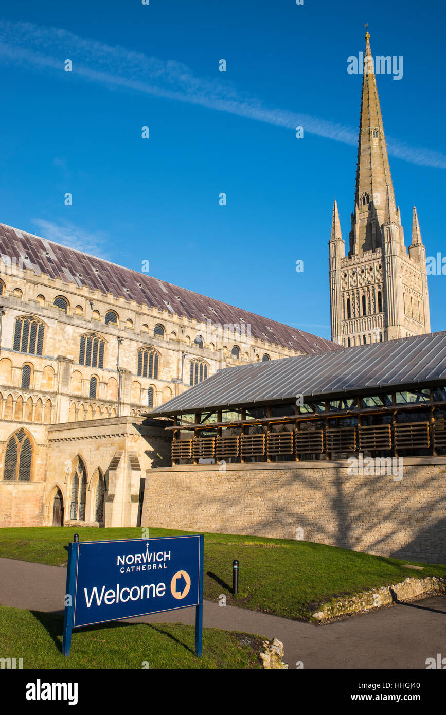 A view of the magnificent Norwich Cathedral in the historic city of ...