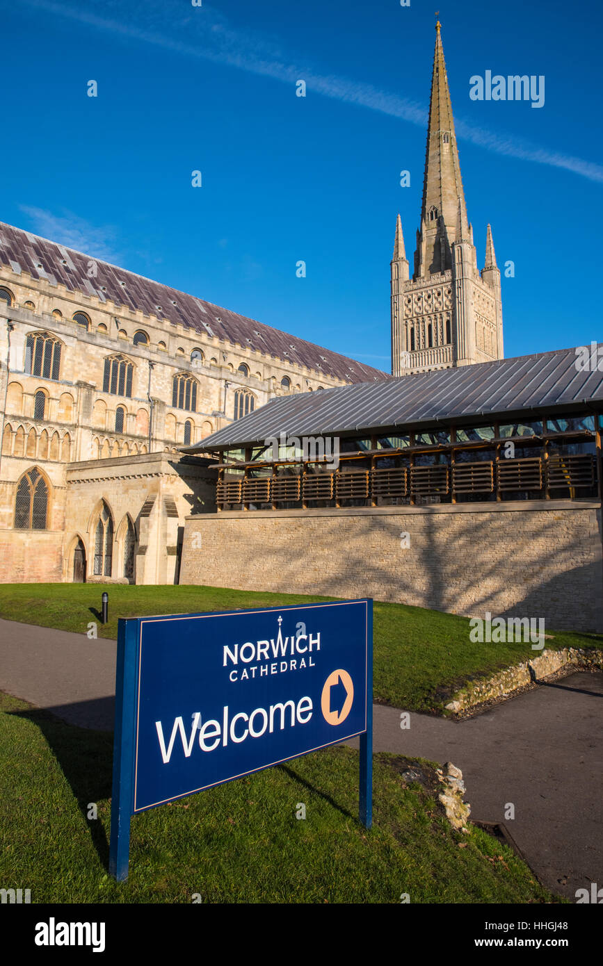 A view of the magnificent Norwich Cathedral in the historic city of ...