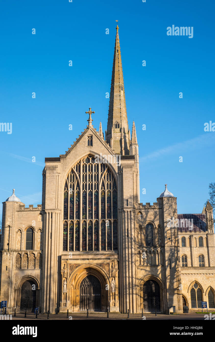 A view of the magnificent Norwich Cathedral in the historic city of ...