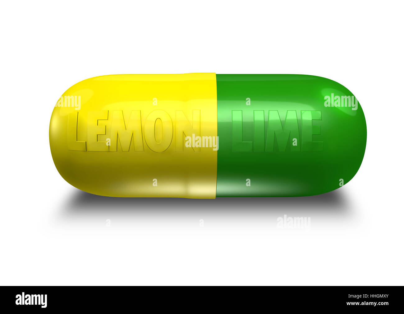 A reflective plastic capsule type pill with a green lime side and a ...