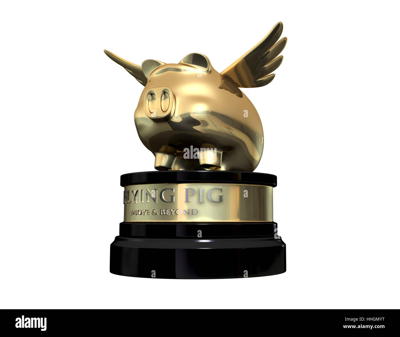 A gold trophy with a flying pig on top and the description which reads ...