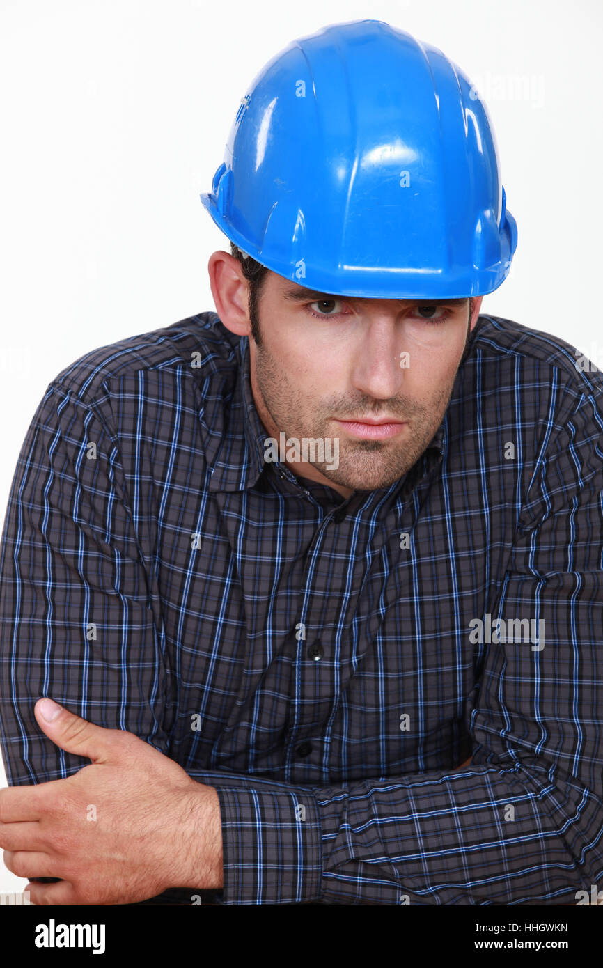blue, confusion, mess, shirt, helmet, upset, overwhelmed, construction ...