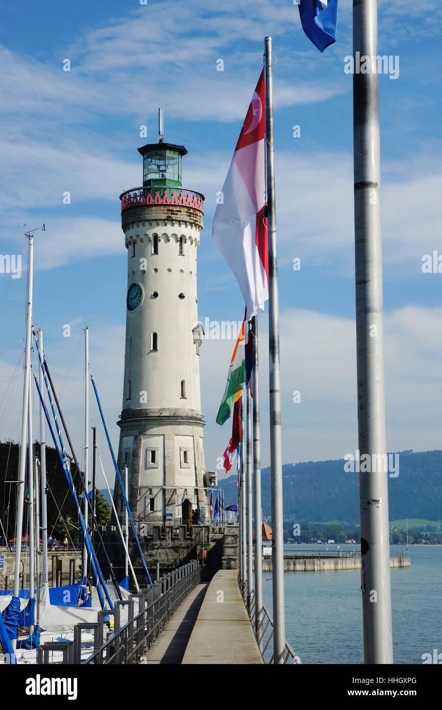 sightseeing, lake constance, landing stage, flagstaffs, lighthouse ...