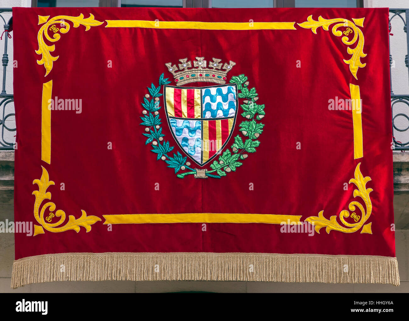 city, town, emblem, waves, spain, balcony, town hall, flag, day, during ...