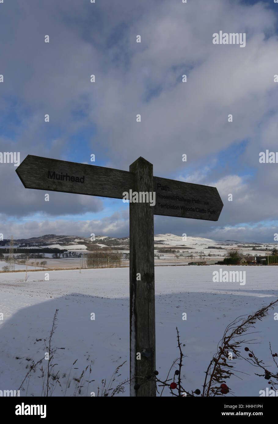 Footpath sign for Muirhead in winter Angus Scotland January 2017 Stock ...