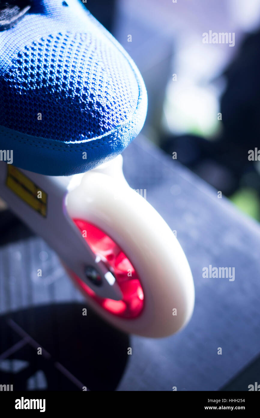 Inline freestyle new roller skates in retail skate shop window display ...