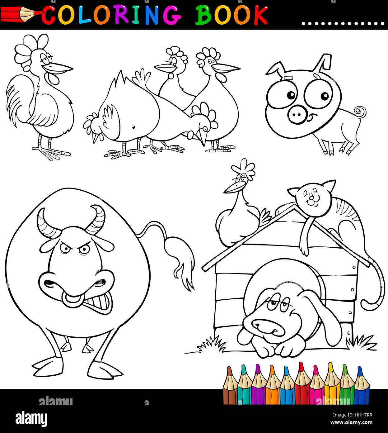 Coloring Book or Page Cartoon Illustration of Funny Farm and Livestock ...