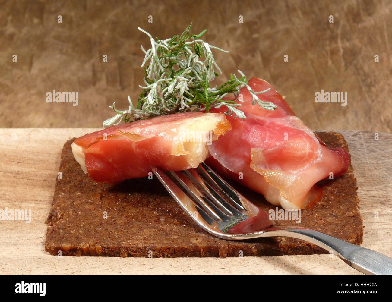 ham, starter, goat cheese, brown bread, pumpernickel, herbs, fork ...
