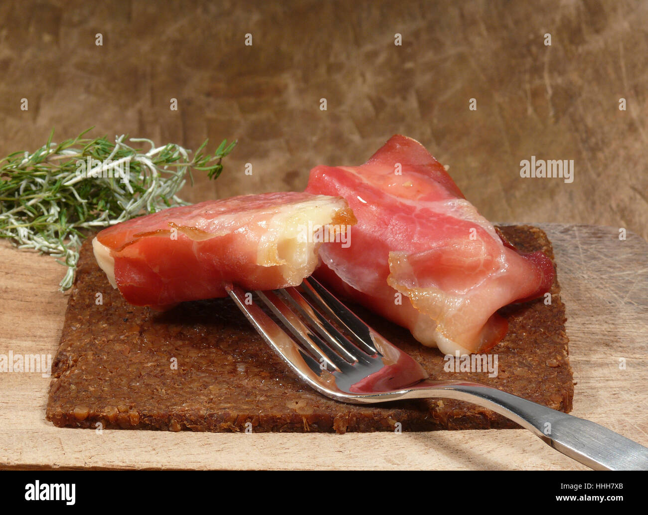 ham, starter, goat cheese, brown bread, pumpernickel, herbs, fork ...