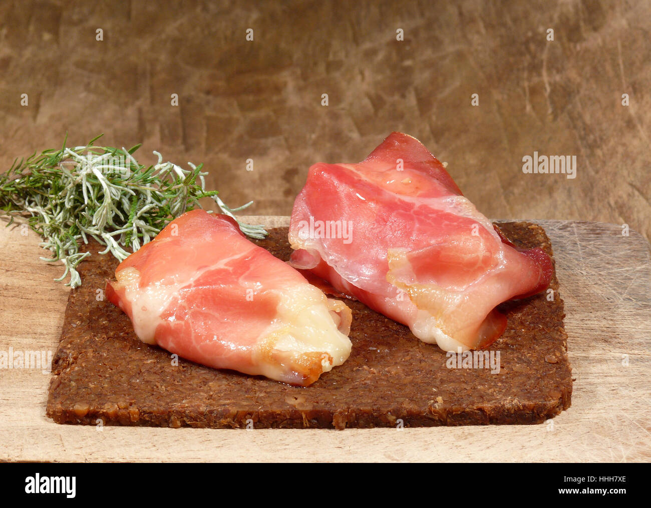 ham, starter, goat cheese, brown bread, pumpernickel, herbs, fork ...