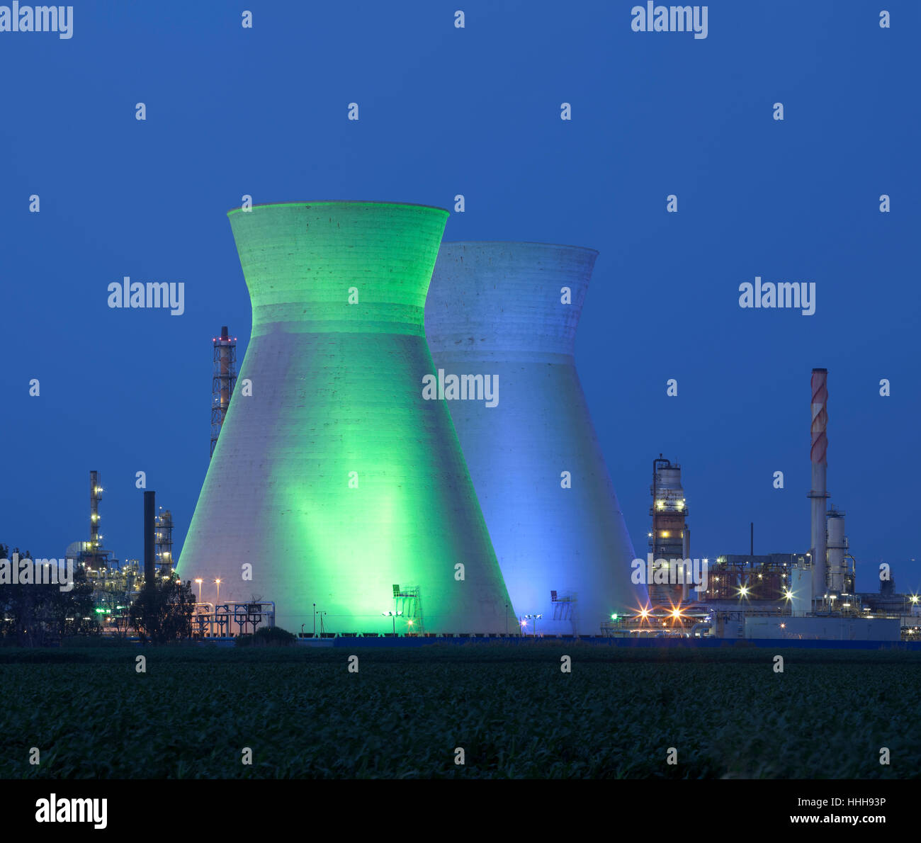 blue, industry, power station, night, nighttime, cooling tower, energy ...