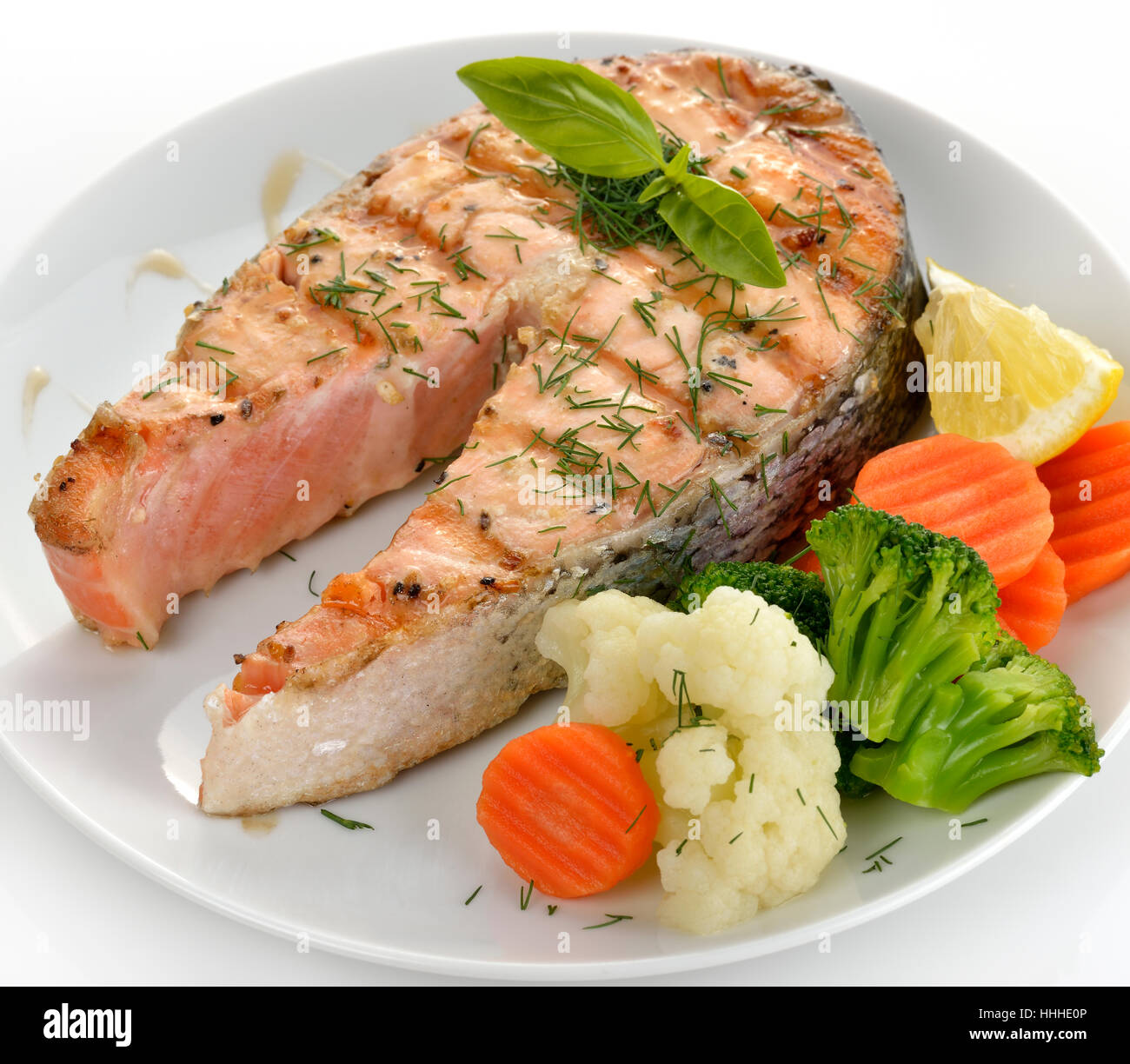 angle, fish, plate, seafood, grilled, salmon, slice, vegetables ...