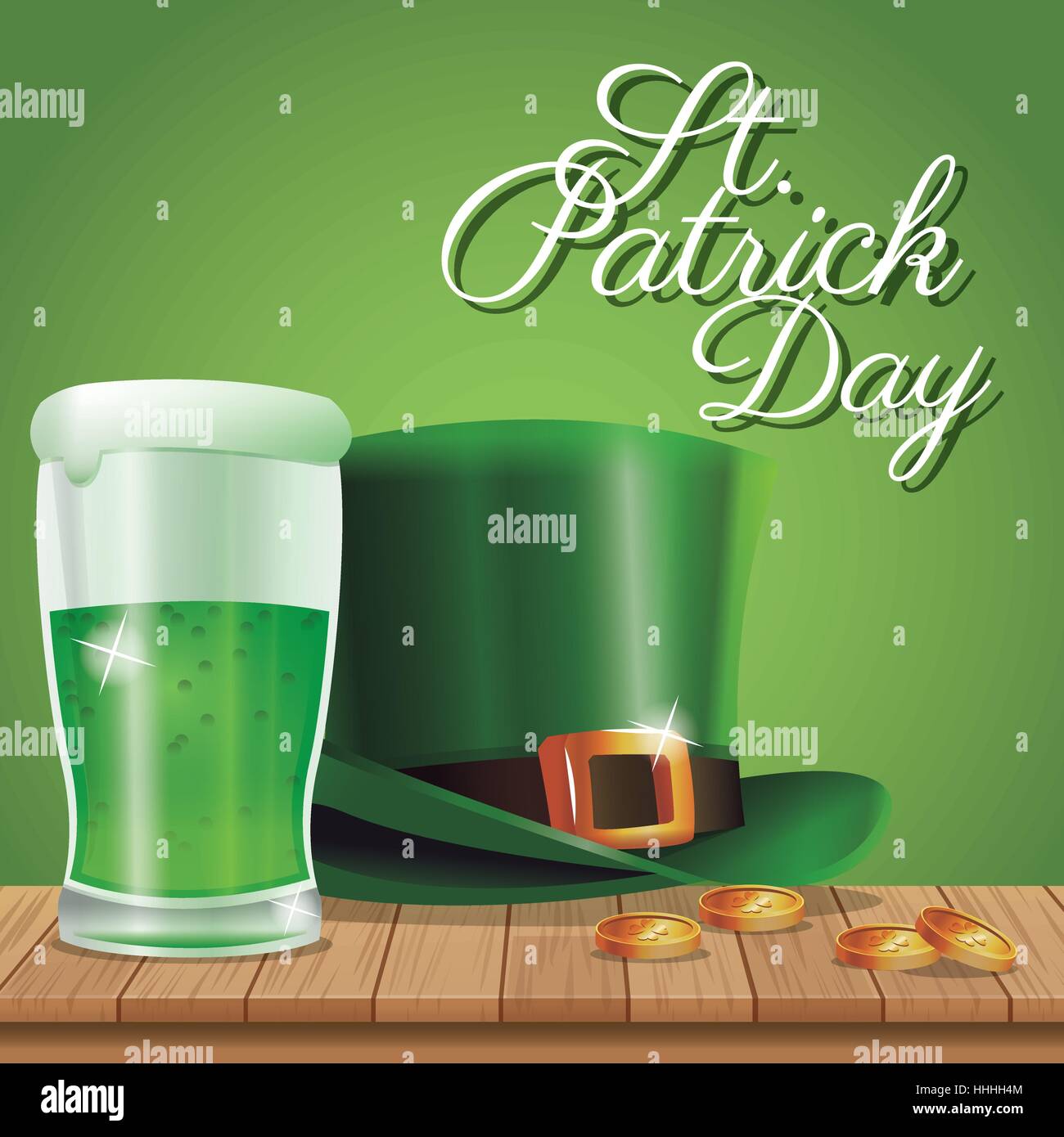 poster st patrick day hat and glass beer on wooden green background ...
