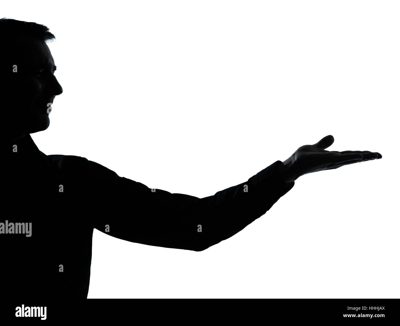 one caucasian business man empty hand open portrait silhouette in ...