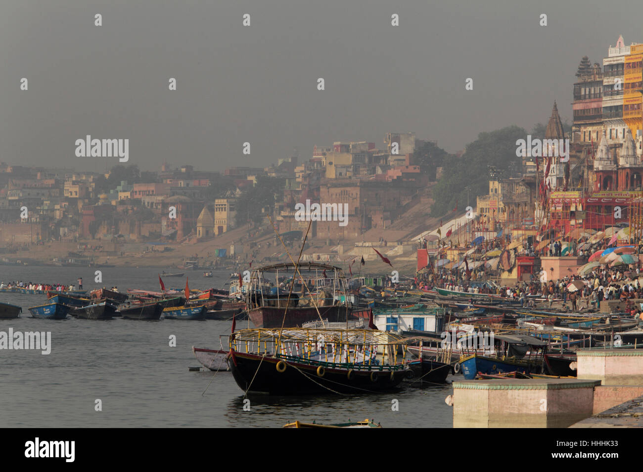 Boats on the Ghats of Varanasi on the Ganges River, India Stock Photo ...