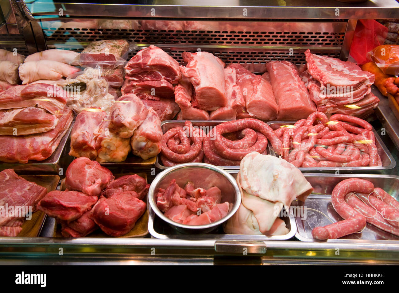 raw, display, butcher, meat, stall, fresh, sausage, raw, display ...