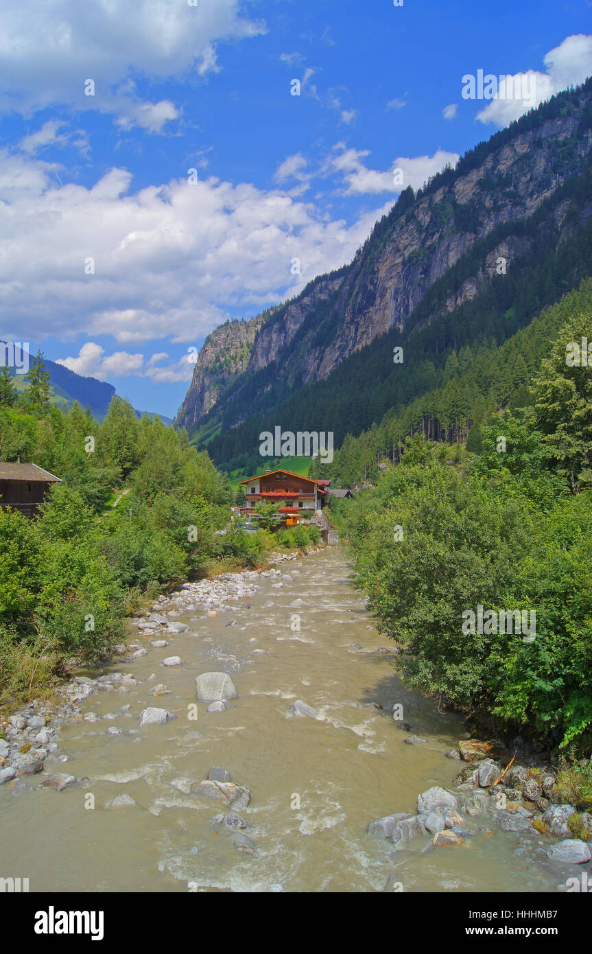 stream, torrent, river, water, house, building, houses, tree, trees ...