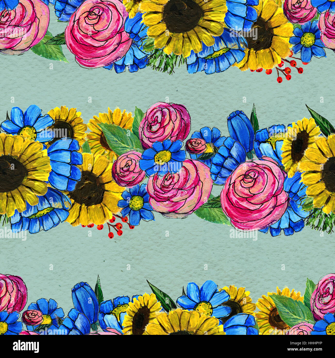 Seamless pattern with blue yellow and pink flowers Stock Photo - Alamy