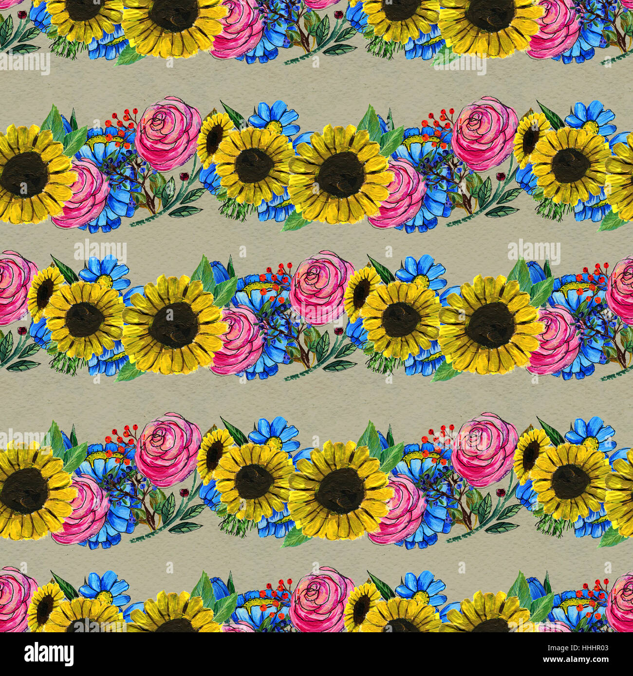 Seamless pattern with blue yellow and pink flowers Stock Photo - Alamy