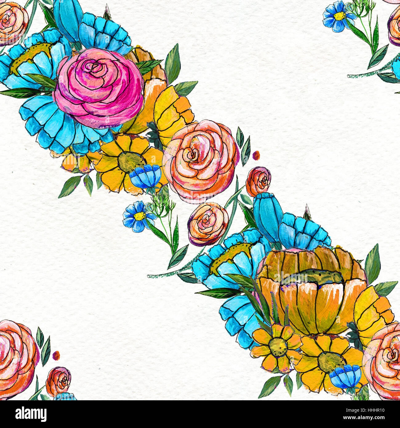 Seamless pattern with blue yellow and pink flowers Stock Photo - Alamy