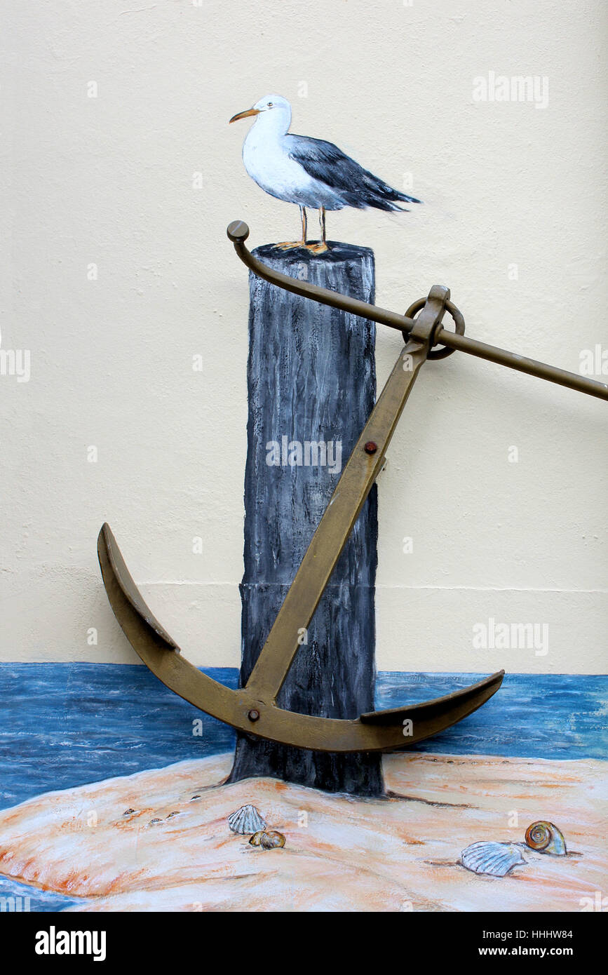 shell, painting, facade, anchor, seagull, gull, shell, iron, painting ...