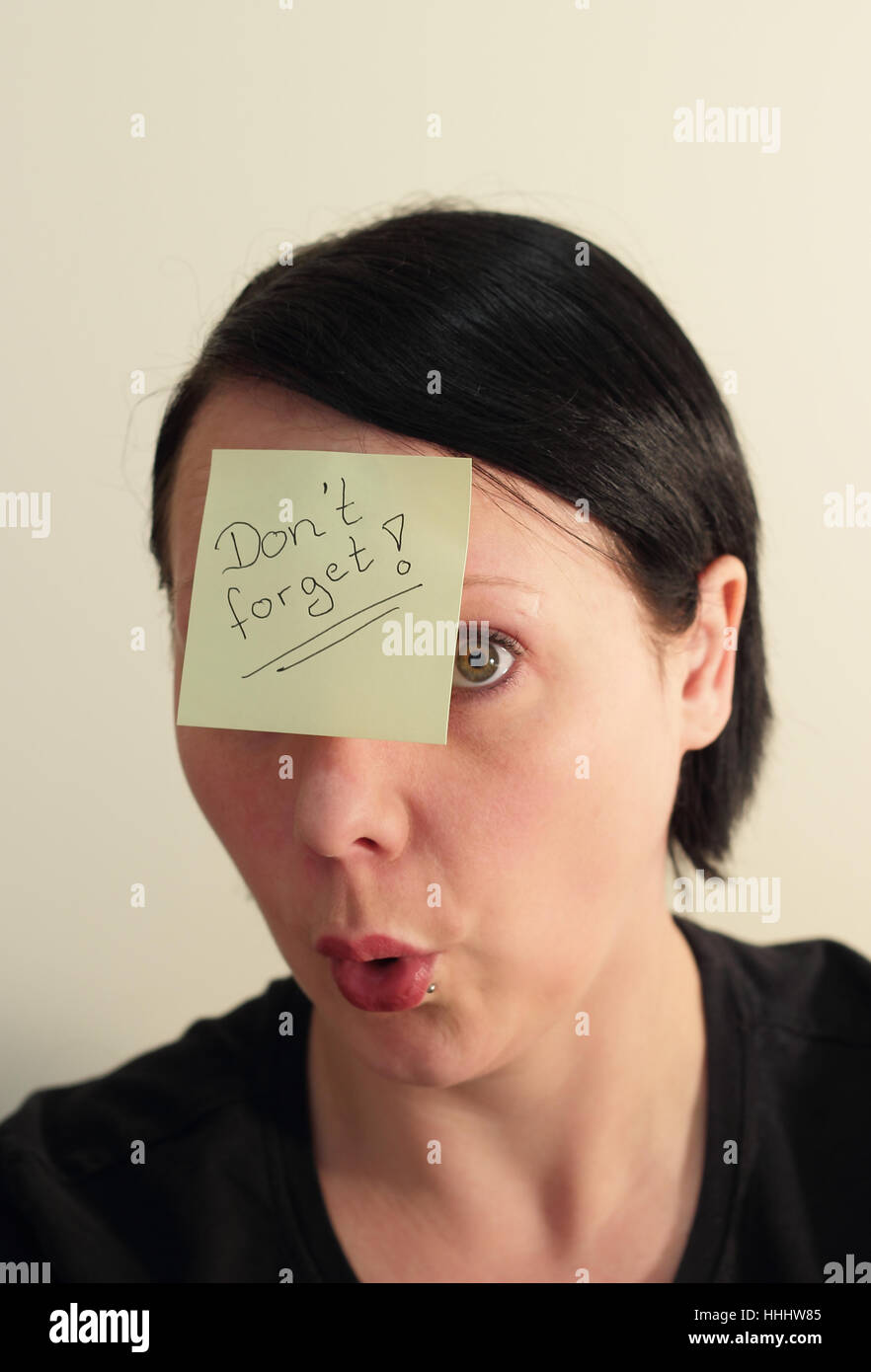 woman, note, memo, slip, portrait, forehead, memory, woman, note, memo ...
