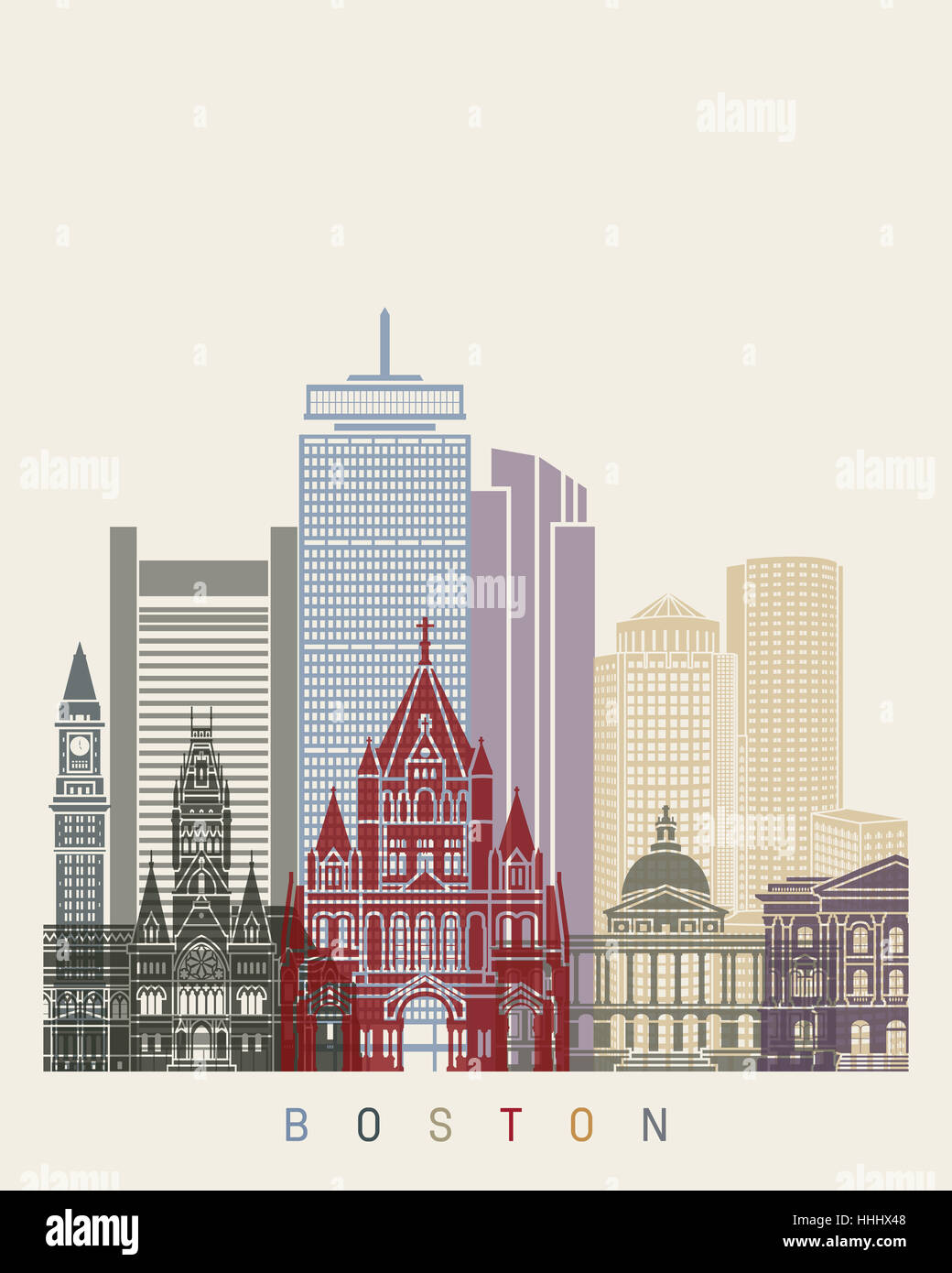 Boston skyline poster in editable vector file Stock Photo - Alamy