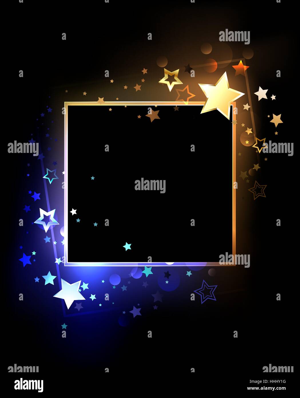 Square banner with contrasting, glowing blue and golden stars on a ...