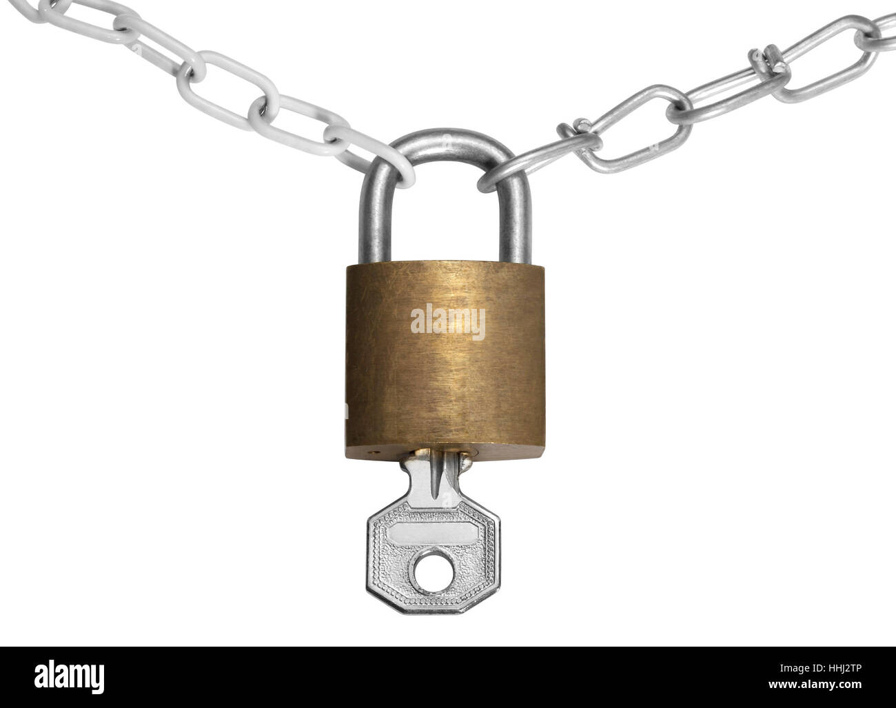 studio photography of a closed padlock with key and chains, isolated on ...